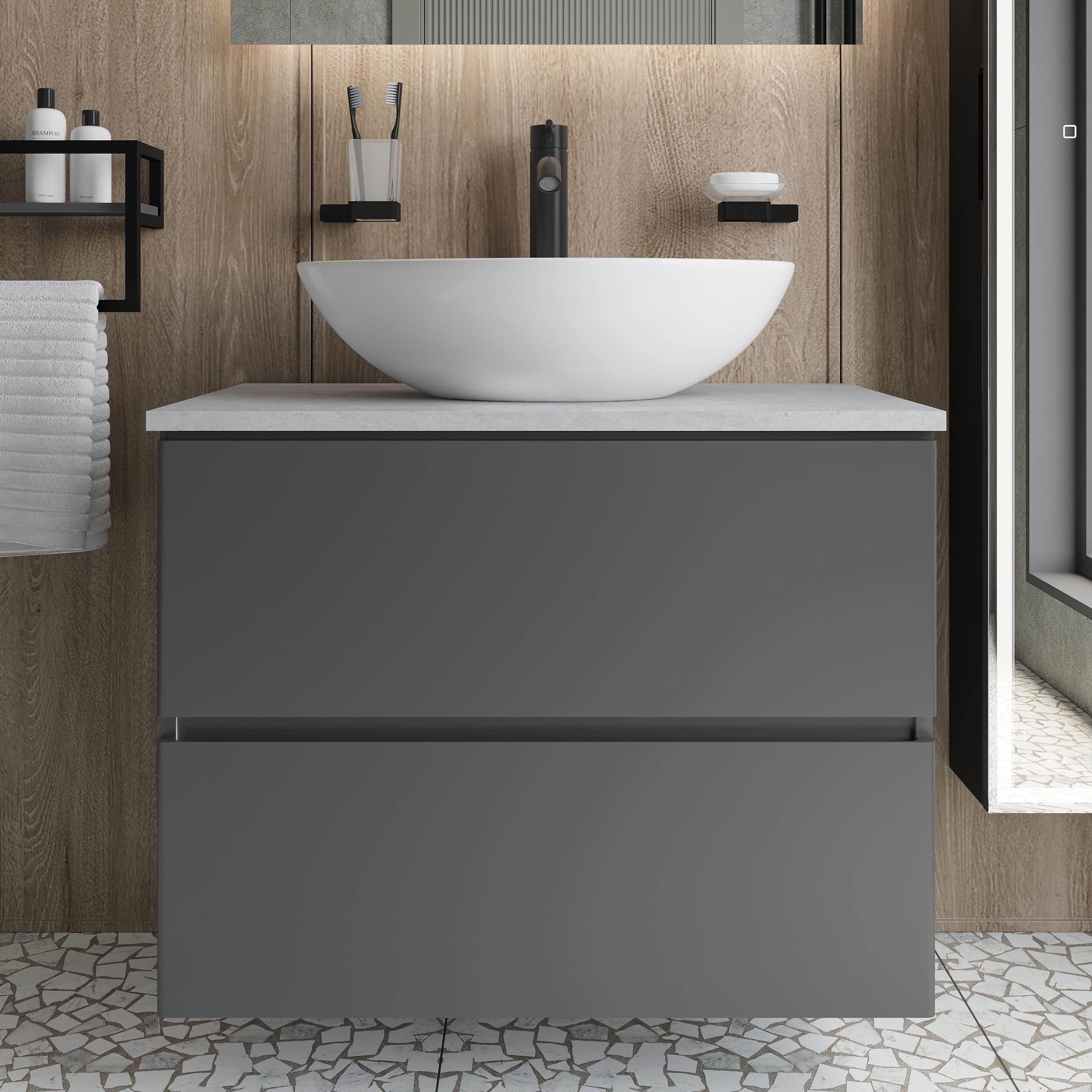 Тумба с раковиной STWORKI Колдинг 80 антрацит, с раковиной Moduo 55 Leaf, столешница серая ...