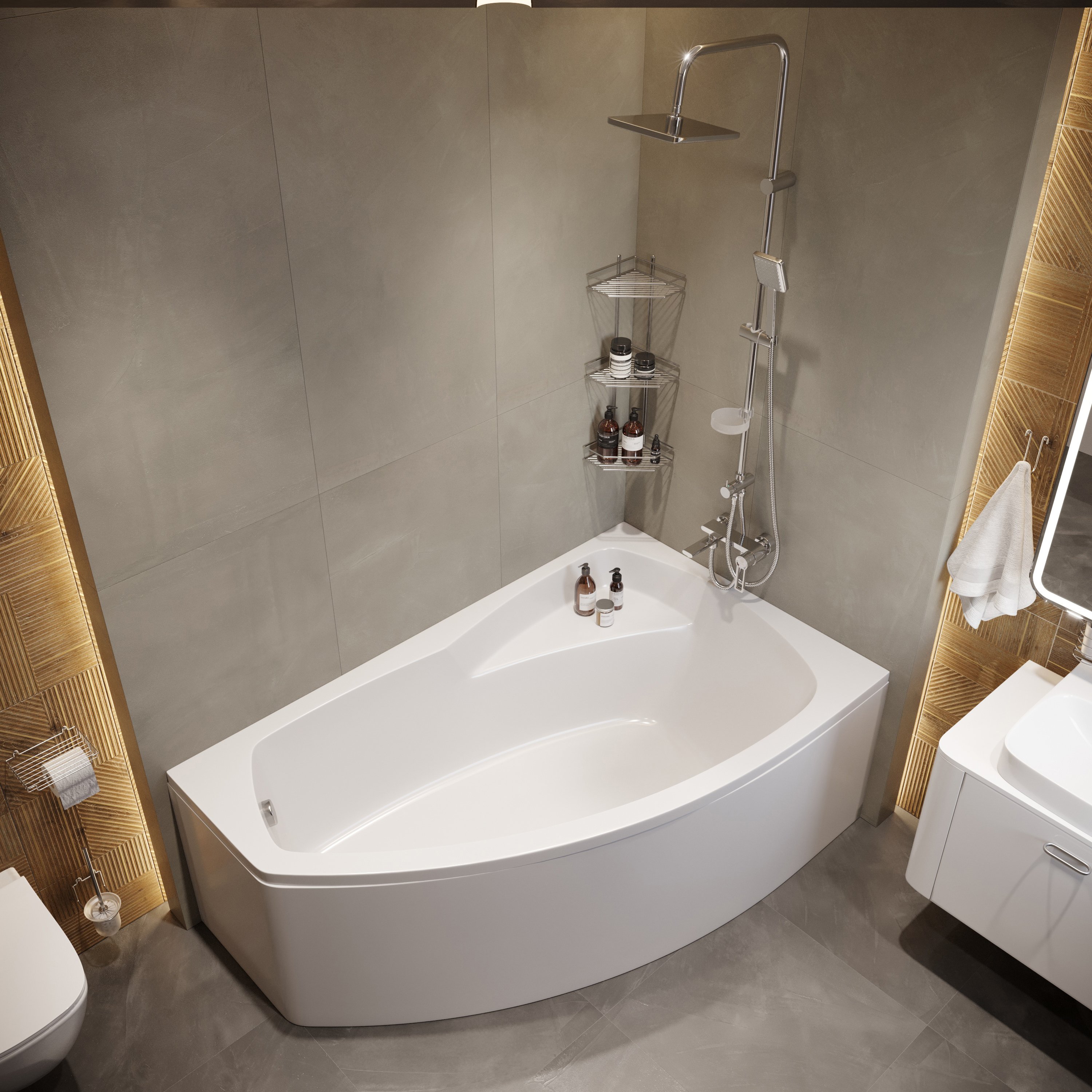 Угловая ванна акриловая STWORKI Монтре R 170x105 см, белая, правая, с каркасом, с сиденьем по ...